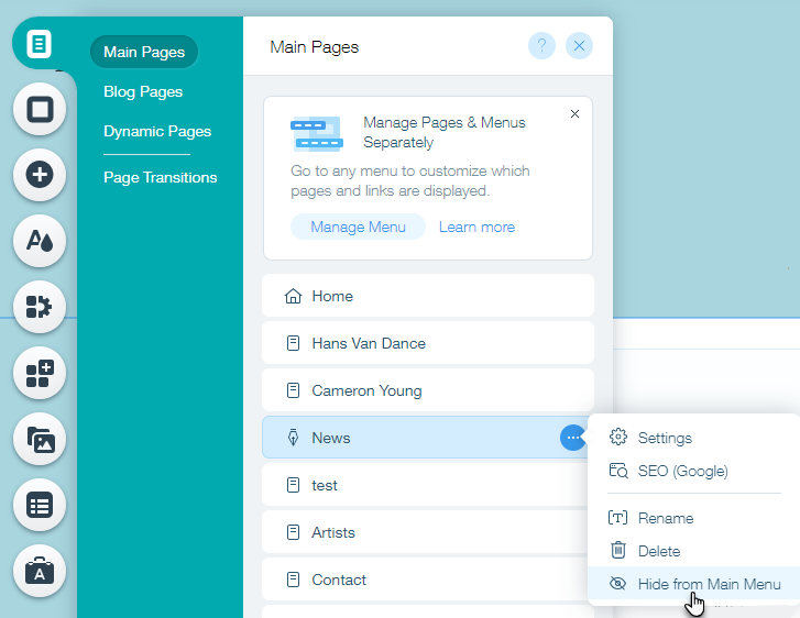 Hiding a Page from Your Menu | Help Center | Wix.com