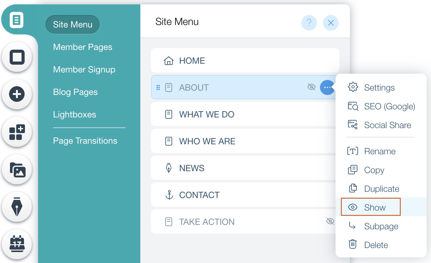 Wix Editor: Hiding and Unhiding a Page From Your Site Menu | Help Center | Wix.com