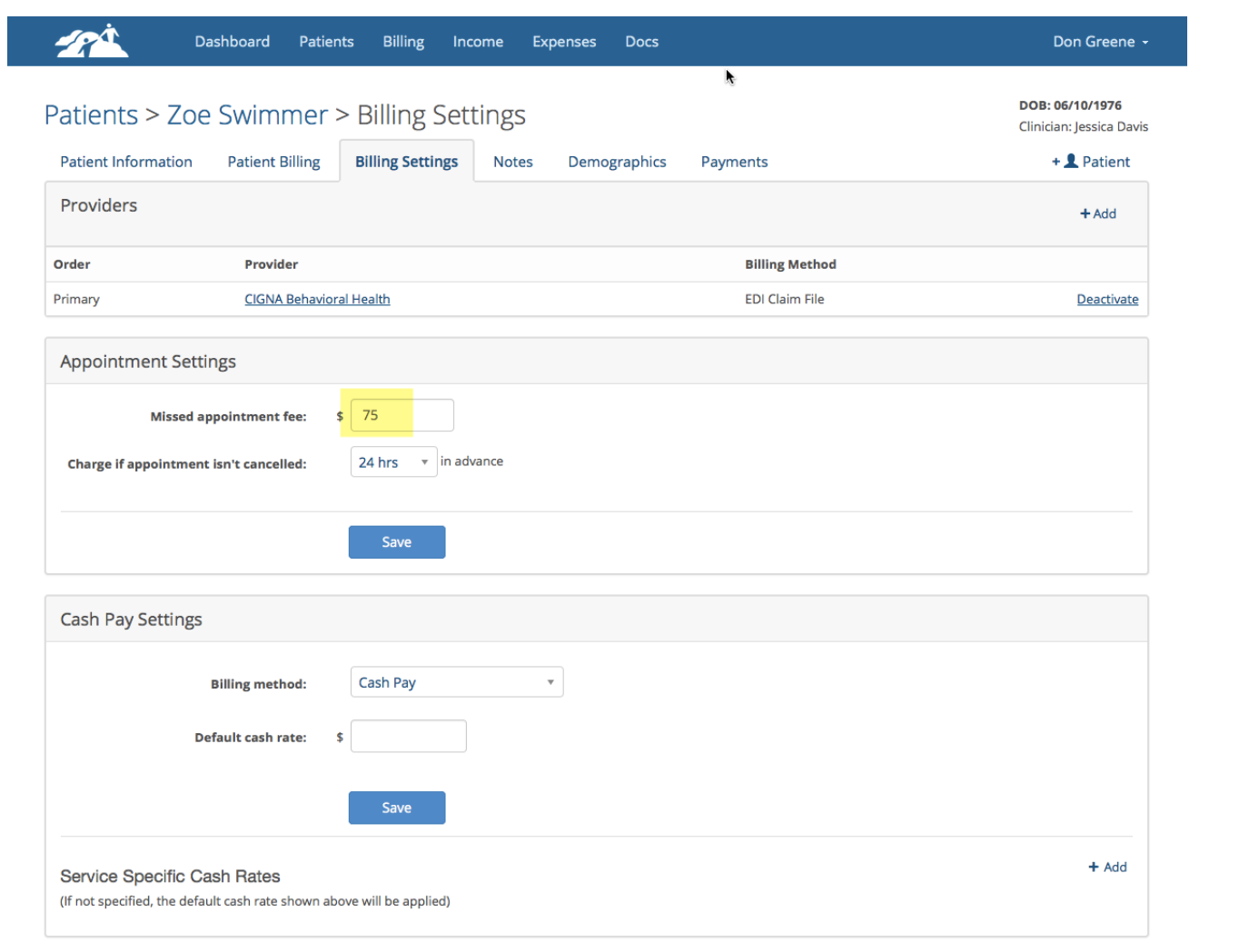Missed Appointment Fee Settings & Charges – TherapyMate