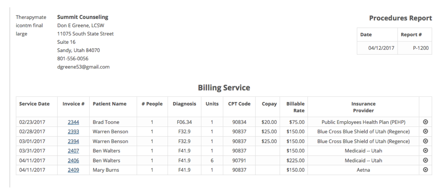 Procedures Report for your Billing Service – TherapyMate