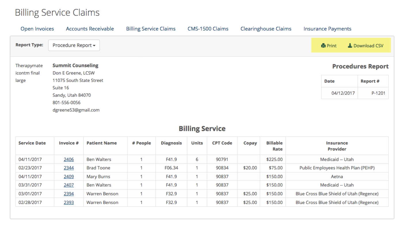 Procedures Report for your Billing Service – TherapyMate
