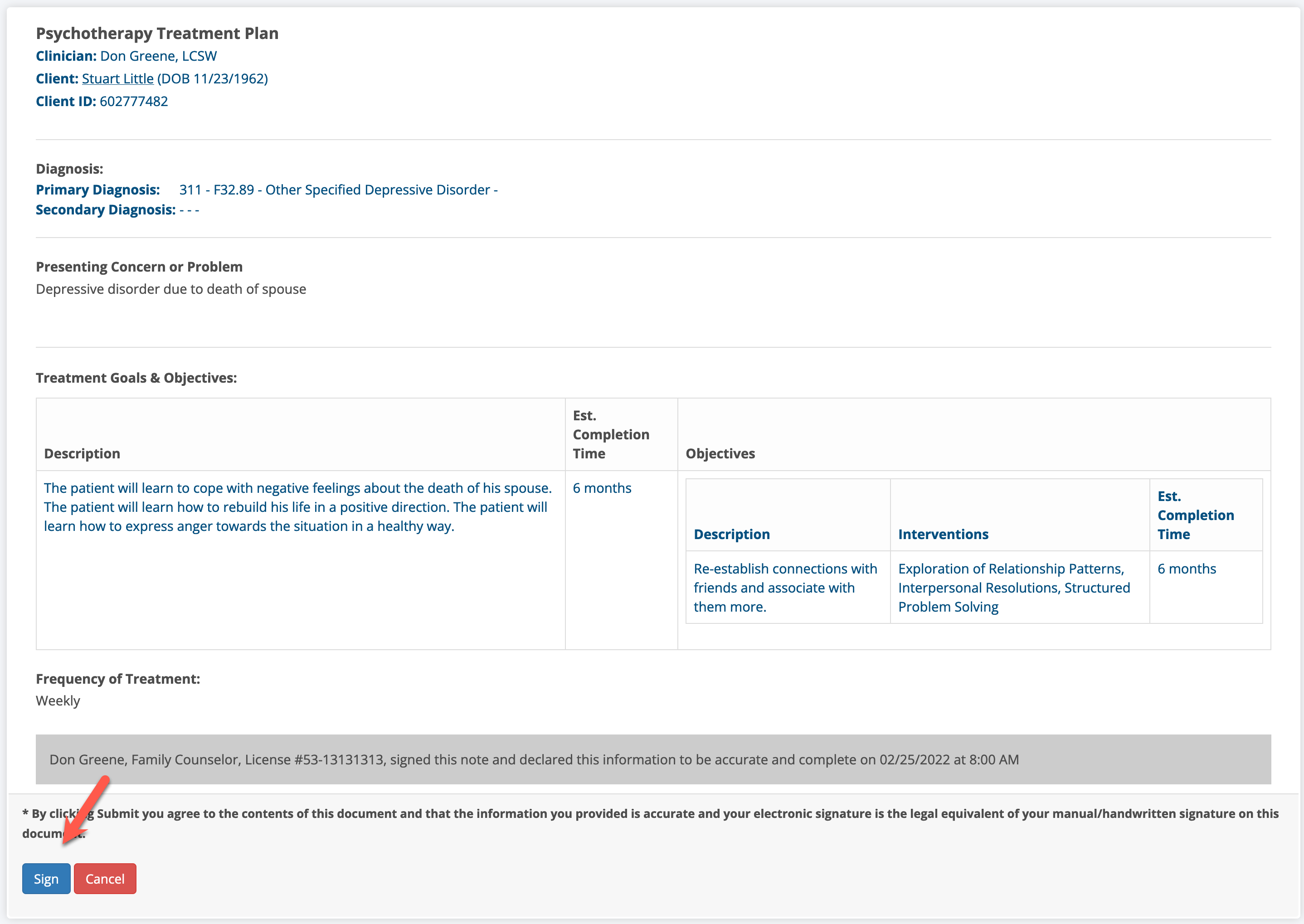 Treatment Plan-Client Portal Signature Method – TherapyMate