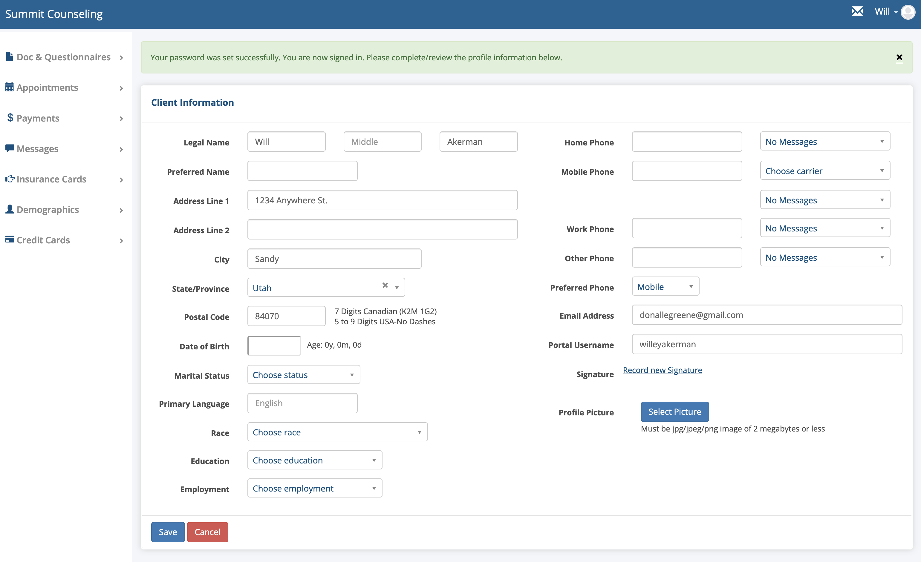 Client Portal-Profile and Demographic Information Feature – TherapyMate