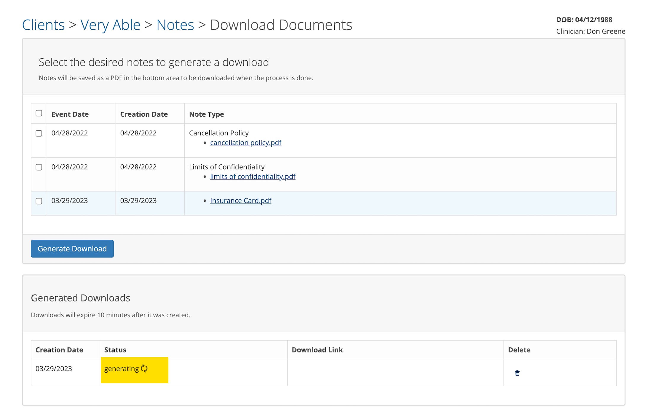 Downloading Client Documents – TherapyMate