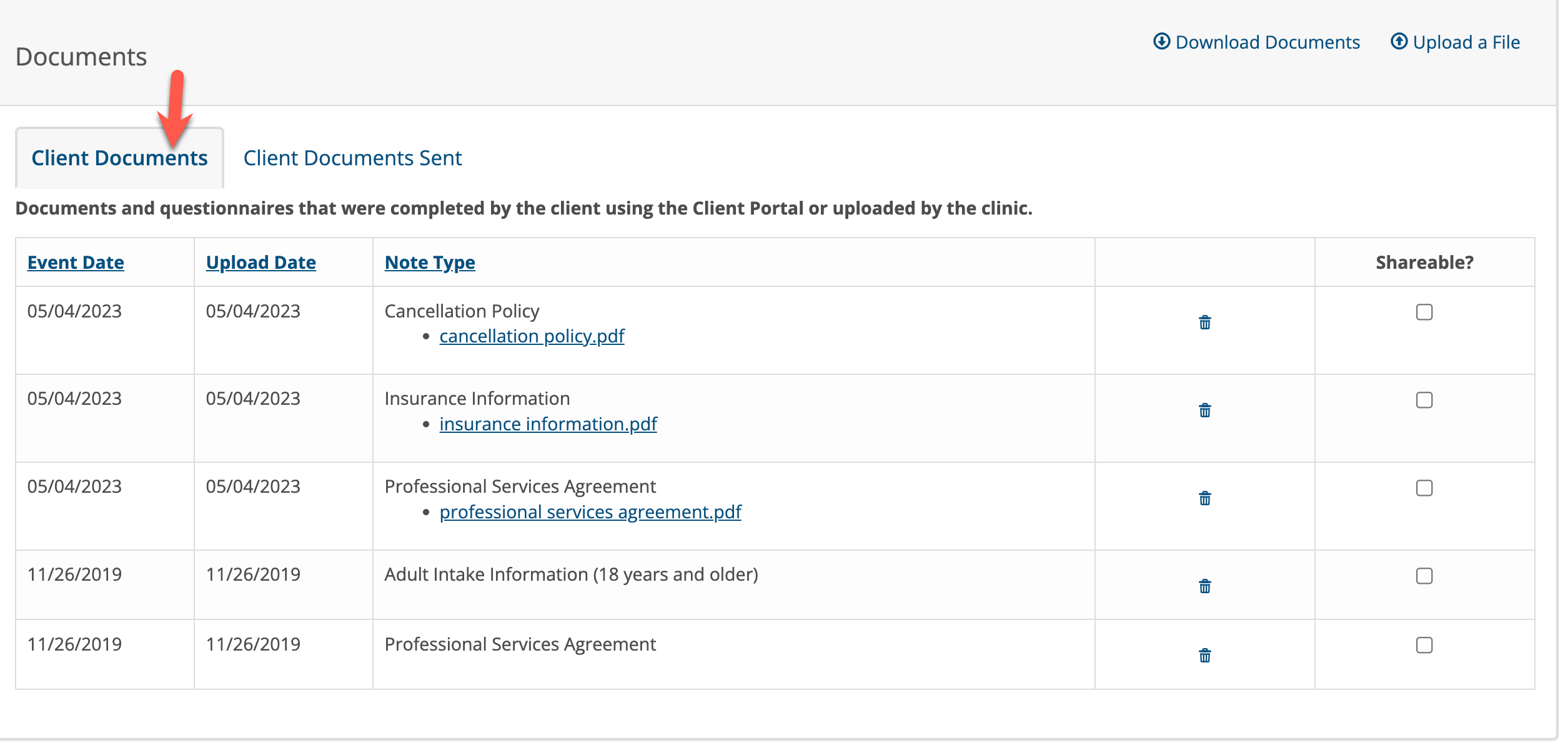 Client Portal Documents & Questionnaires Tracking – TherapyMate